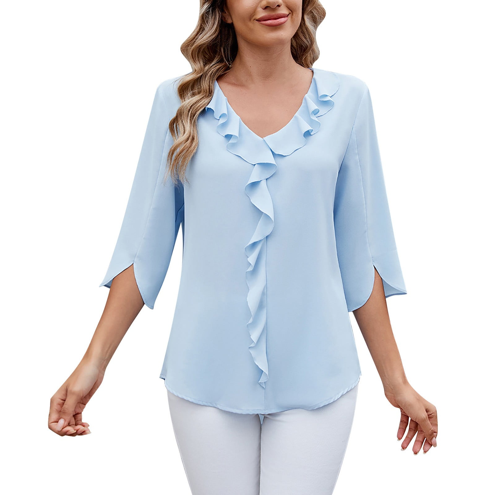 Bibifish Women's Blouses V Neck Chiffon Shirts 3/4 Length Sleeve Tops ...