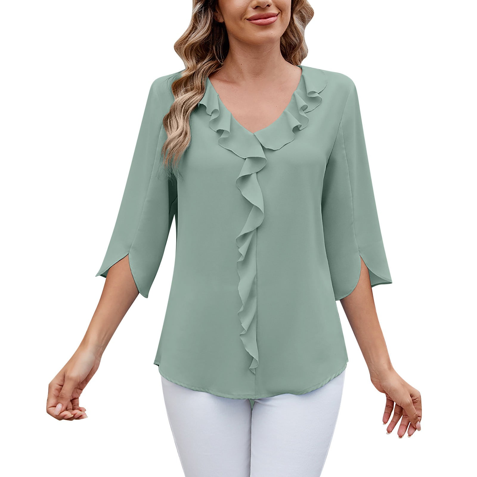 Bibifish Women's Blouses V Neck Chiffon Shirts 3/4 Length Sleeve Tops ...
