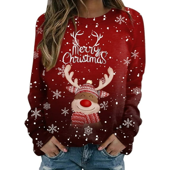 Bibifish Women's Crewneck Sweatshirt Christmas Reindeer Print Lettering ...