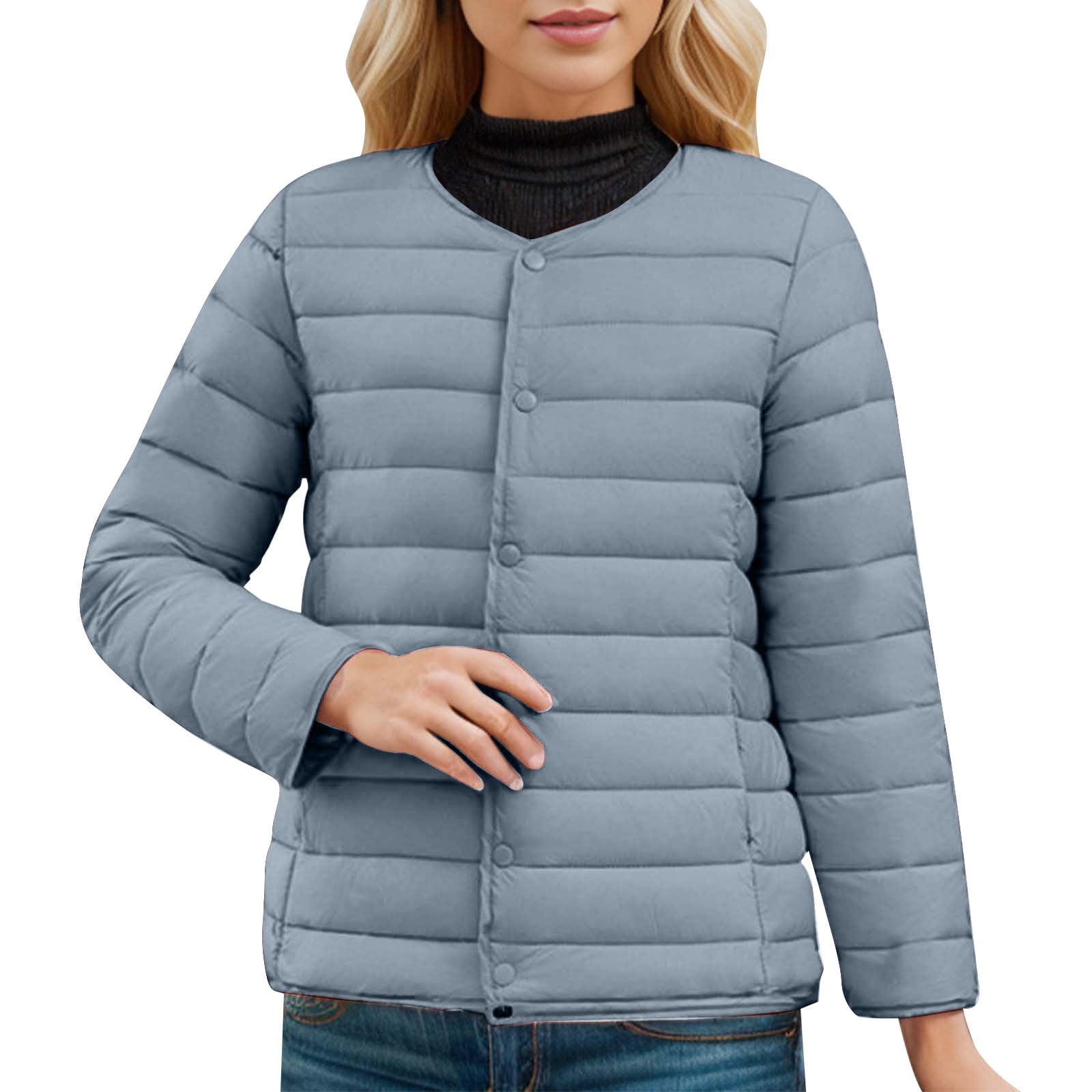 Bibifish Women's Down Jackets Casual Collarless Button Front ...