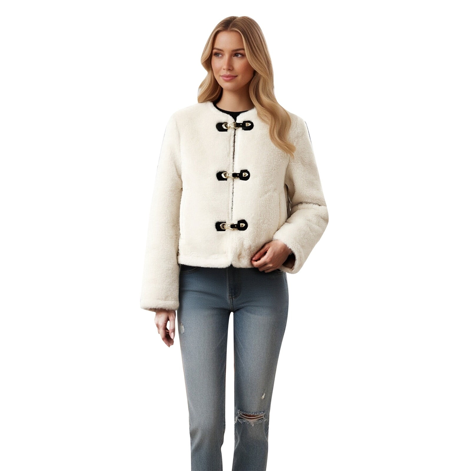 Bibifish Women's Fuzzy Jackets Metal Toggle Button Front Jackets Casual ...