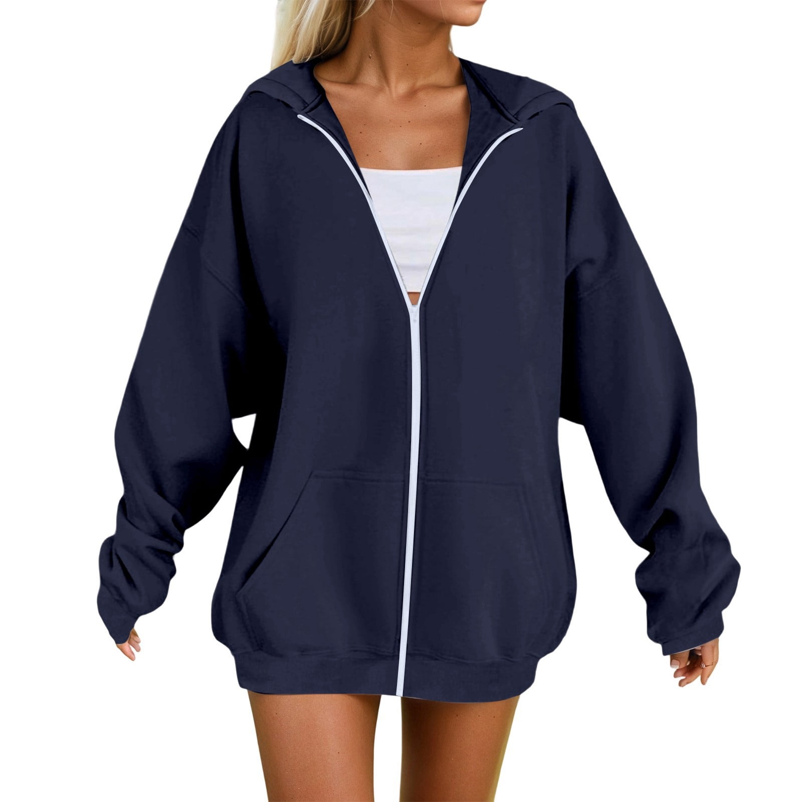 Bibifish Womens Hoodies Solid Color V Neck Full Zip Up Hoodies Jackets ...