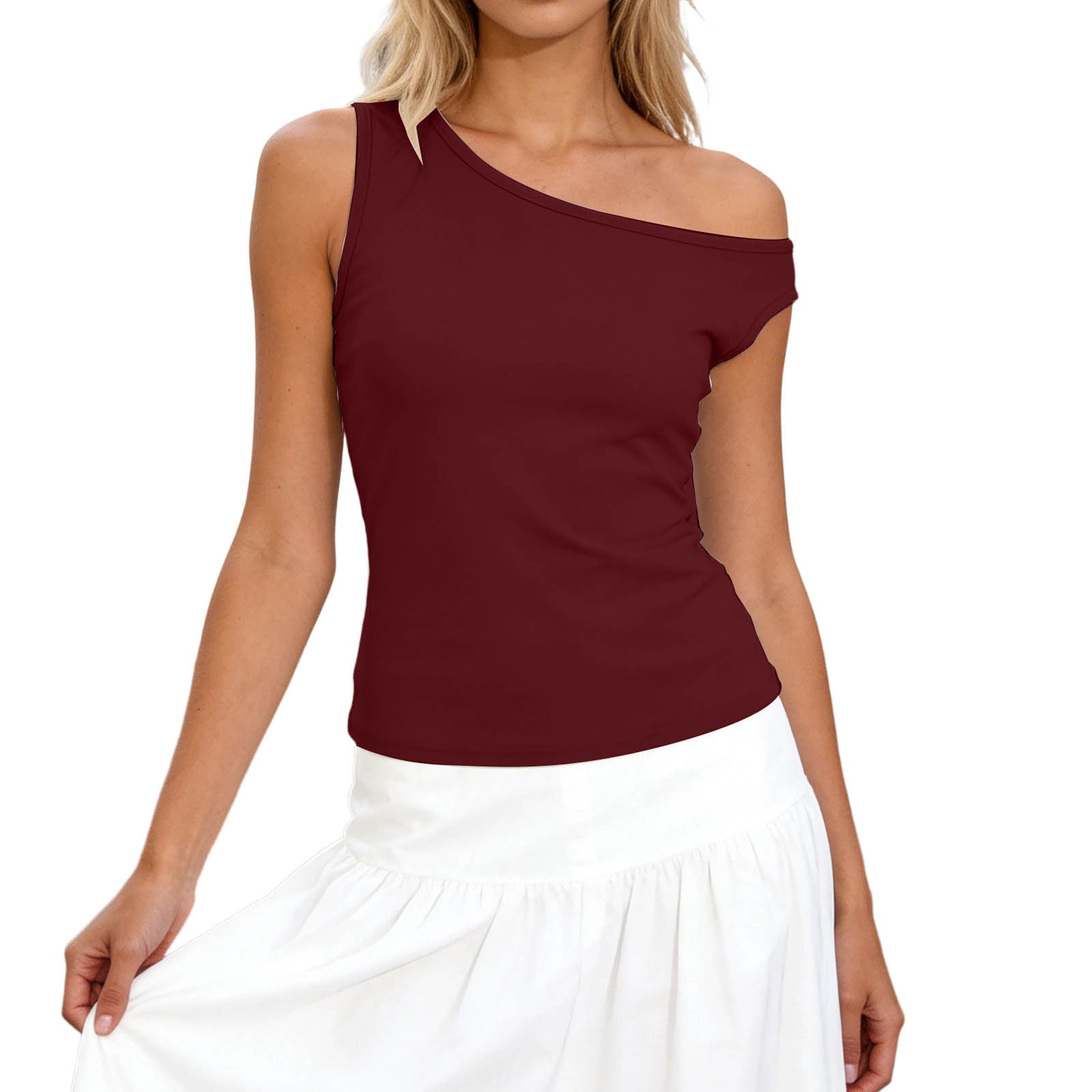Bibifish Women's Tees Asymmetrical Shoulder Sleeveless Solid Color ...