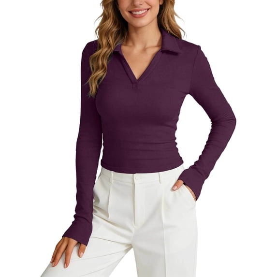 Bibifish Women's Tees Collared V-Neck Long Sleeve Ribbed Knit Tshirts ...