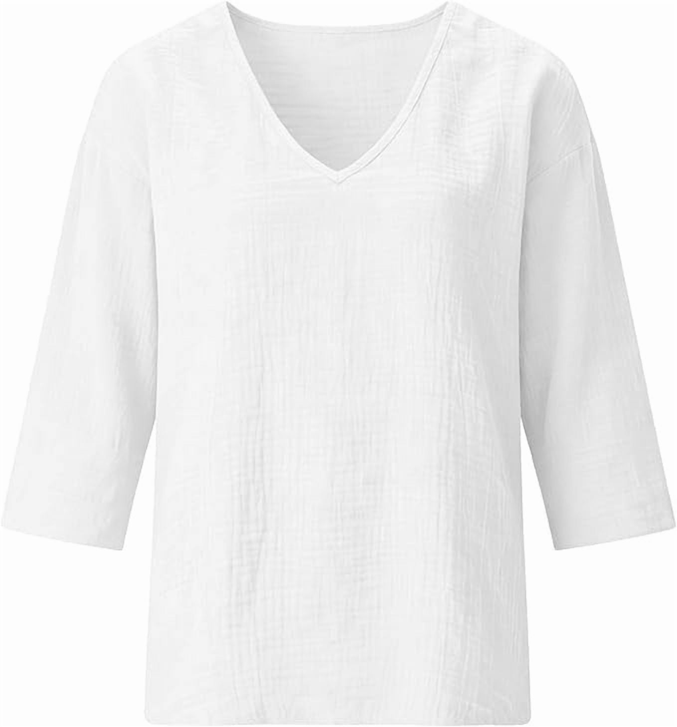 Bibifish Women's Tees Solid Color Cotton Linen V Neck 3/4 Sleeve T ...