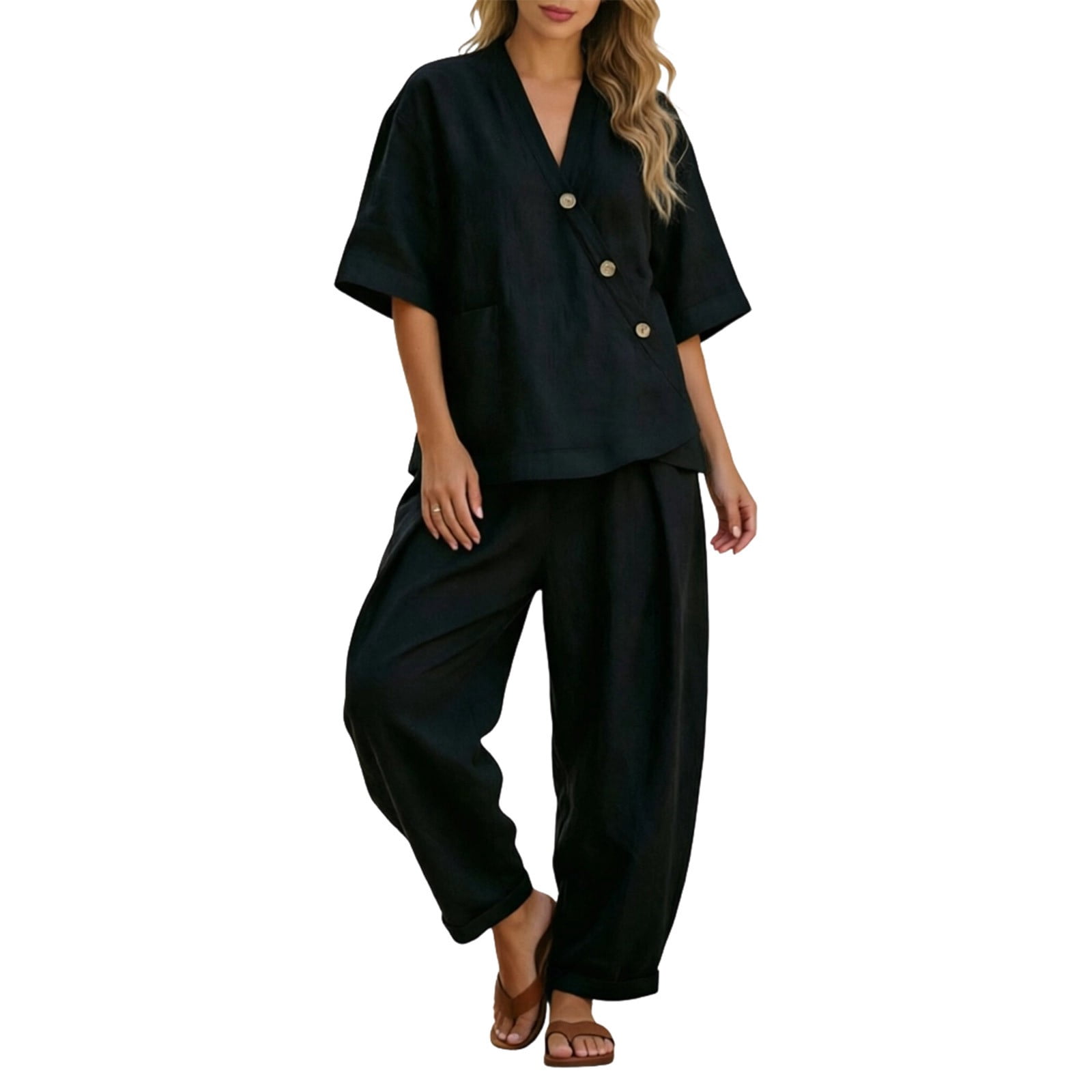 Bibifish Womens 2 Piece Outfits Blouses Cropped Pants Short Sleeve ...