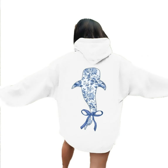Bibifish Womens Back Print Hoodie Beige Blue White Floral Shark Bow ...