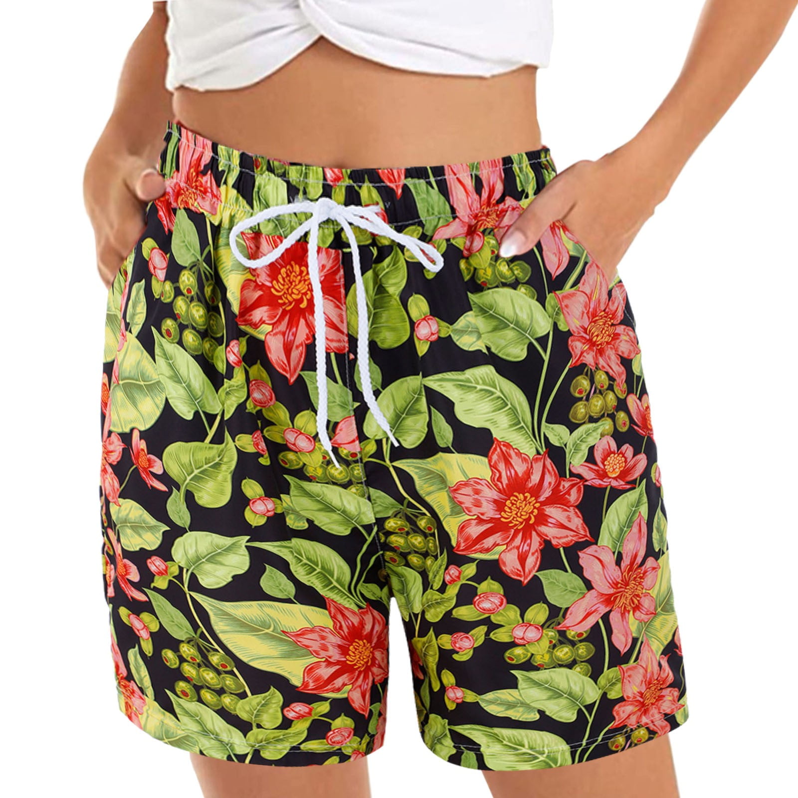 Bibifish Womens Beach Shorts Tropical Floral Print Elastic Waist Side ...