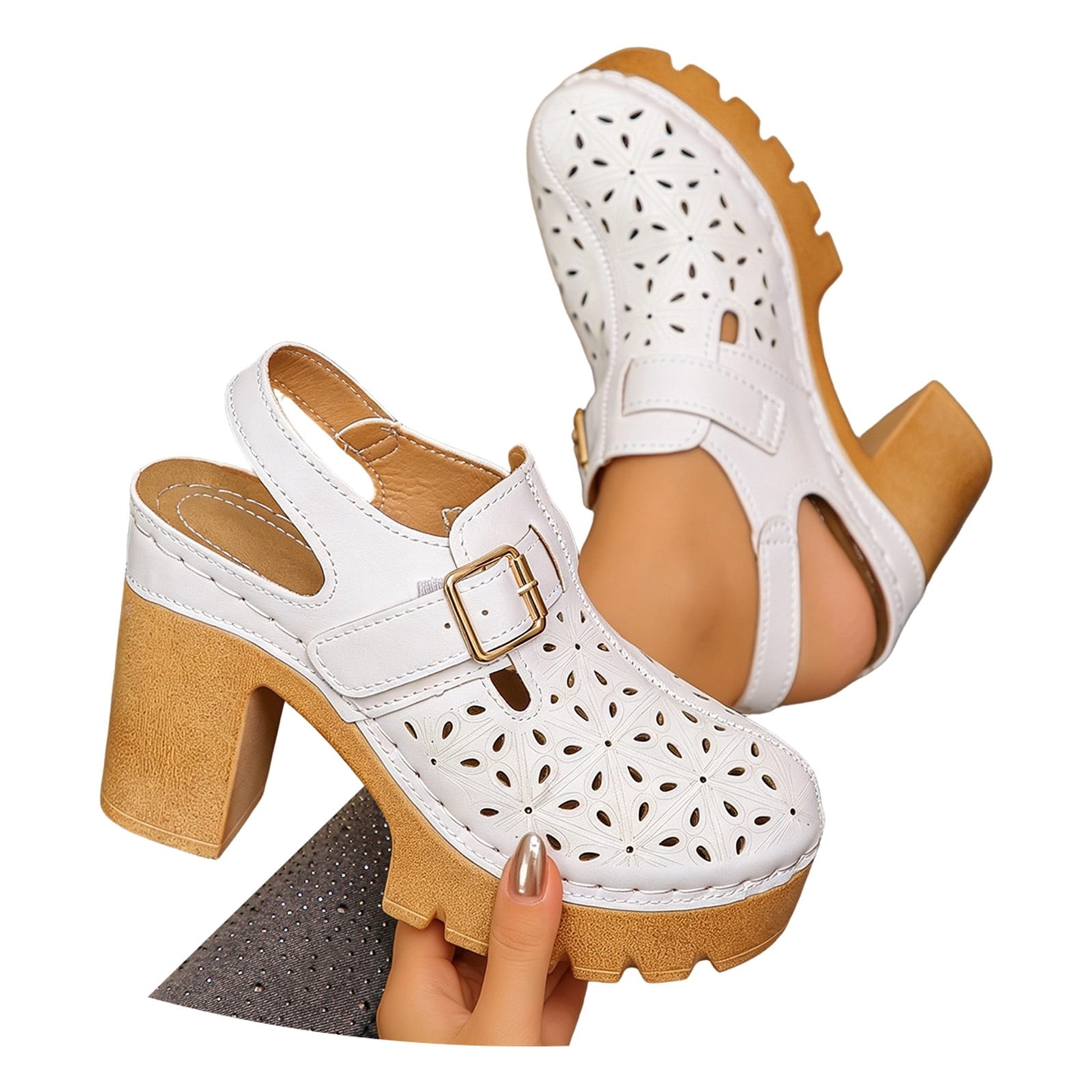 Bibifish Womens Block Heel Mules Vintage Ankle Buckle Cutout Perforated ...
