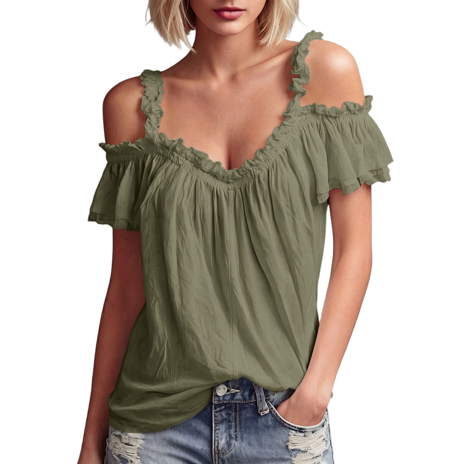 Bibifish Womens Blouse Cold Shoulder Short Sleeve Summer Ruffle Strap ...