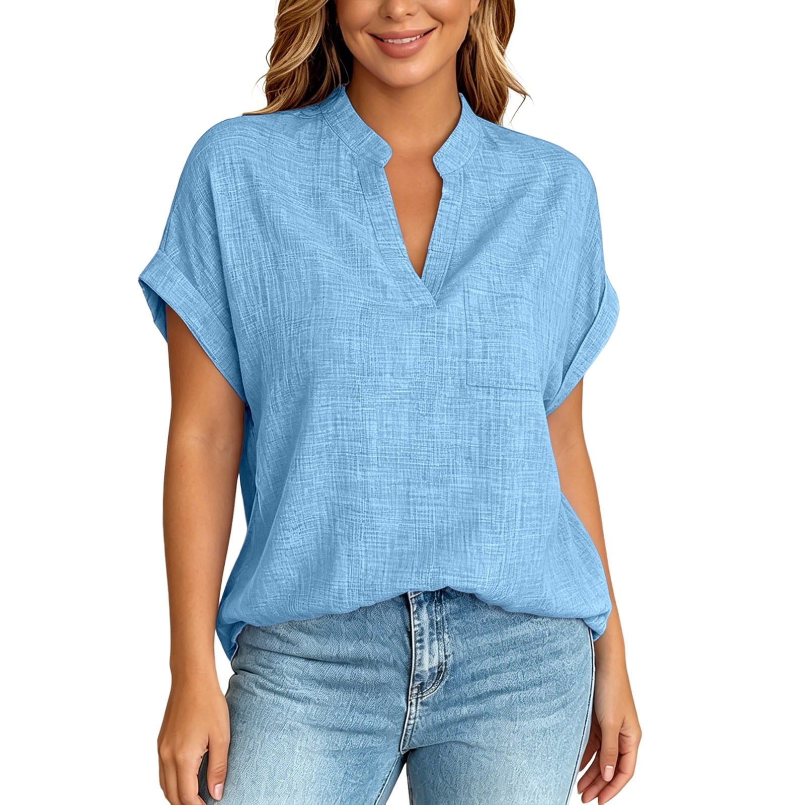 Bibifish Womens Blouse Notch Neck Short Sleeve Loose Fit Tops With ...