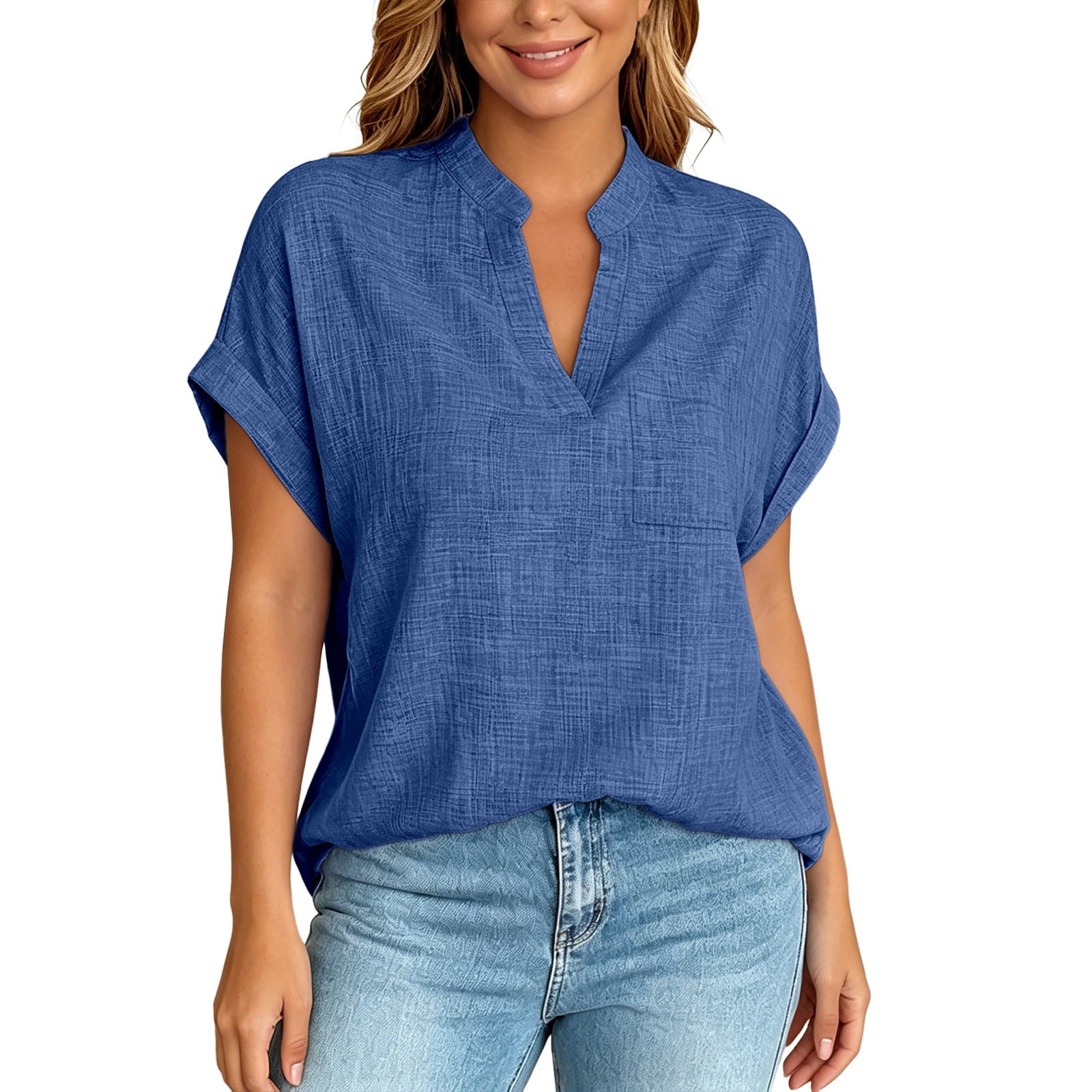 Bibifish Womens Blouse Notch Neck Short Sleeve Loose Fit Tops With ...