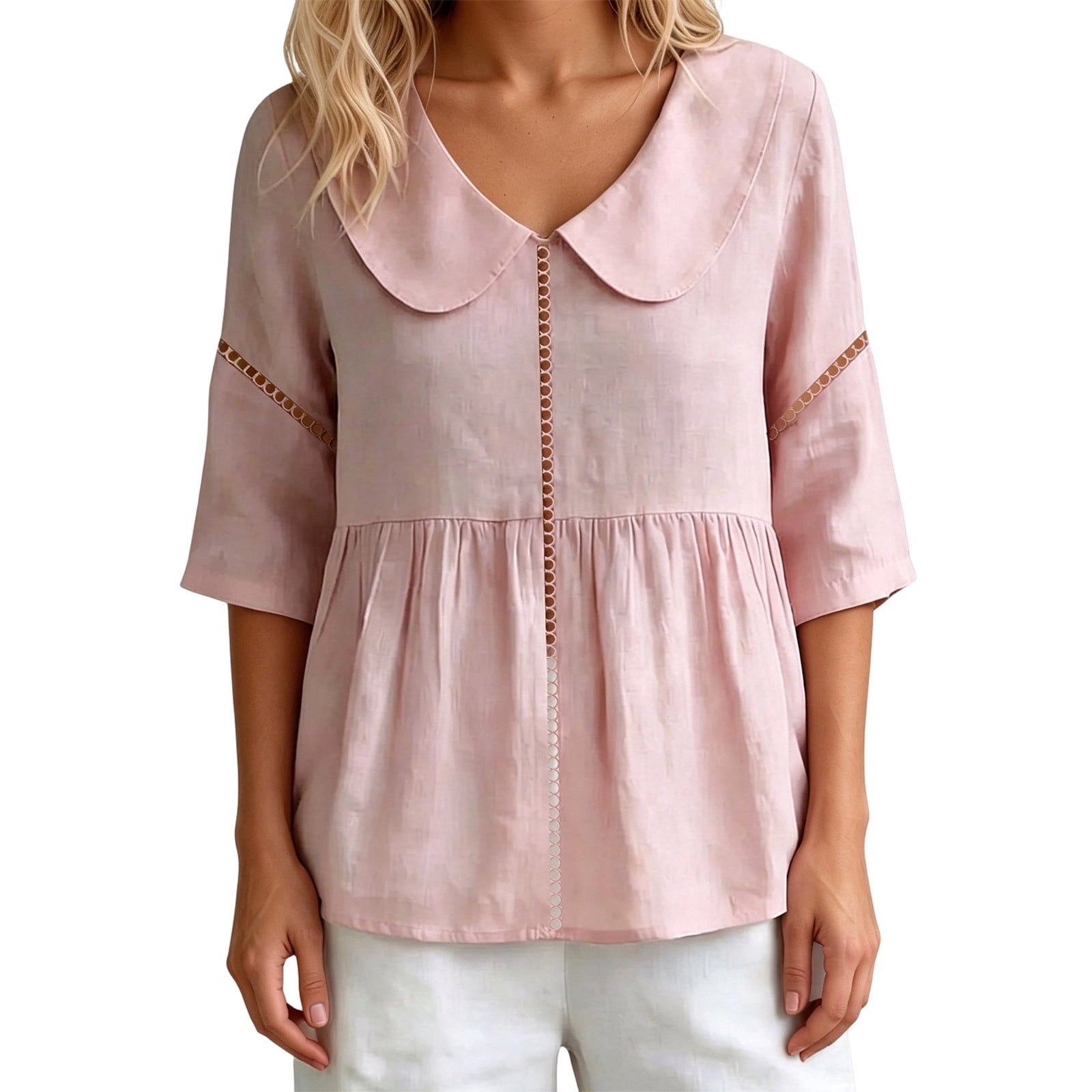 Bibifish Womens Blouse Peter Pan Collar 3/4 Sleeve Loose Fit Lace Trim ...