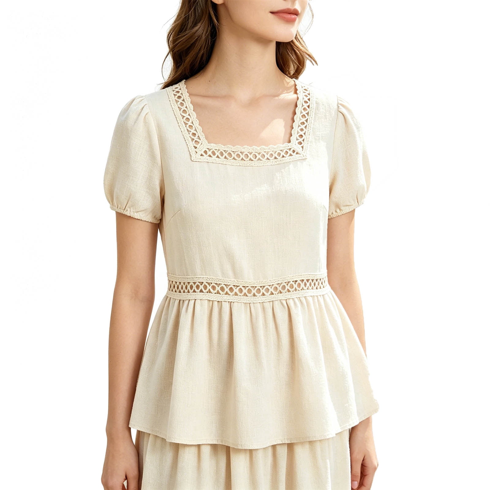 Bibifish Womens Blouse Square Neck Short Sleeve Loose fit Puff Sleeve ...