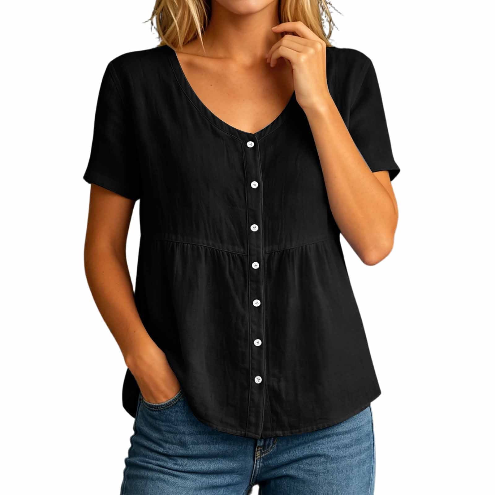Bibifish Womens Blouse V Neck Short Sleeve Loose Fit Tops With Button ...