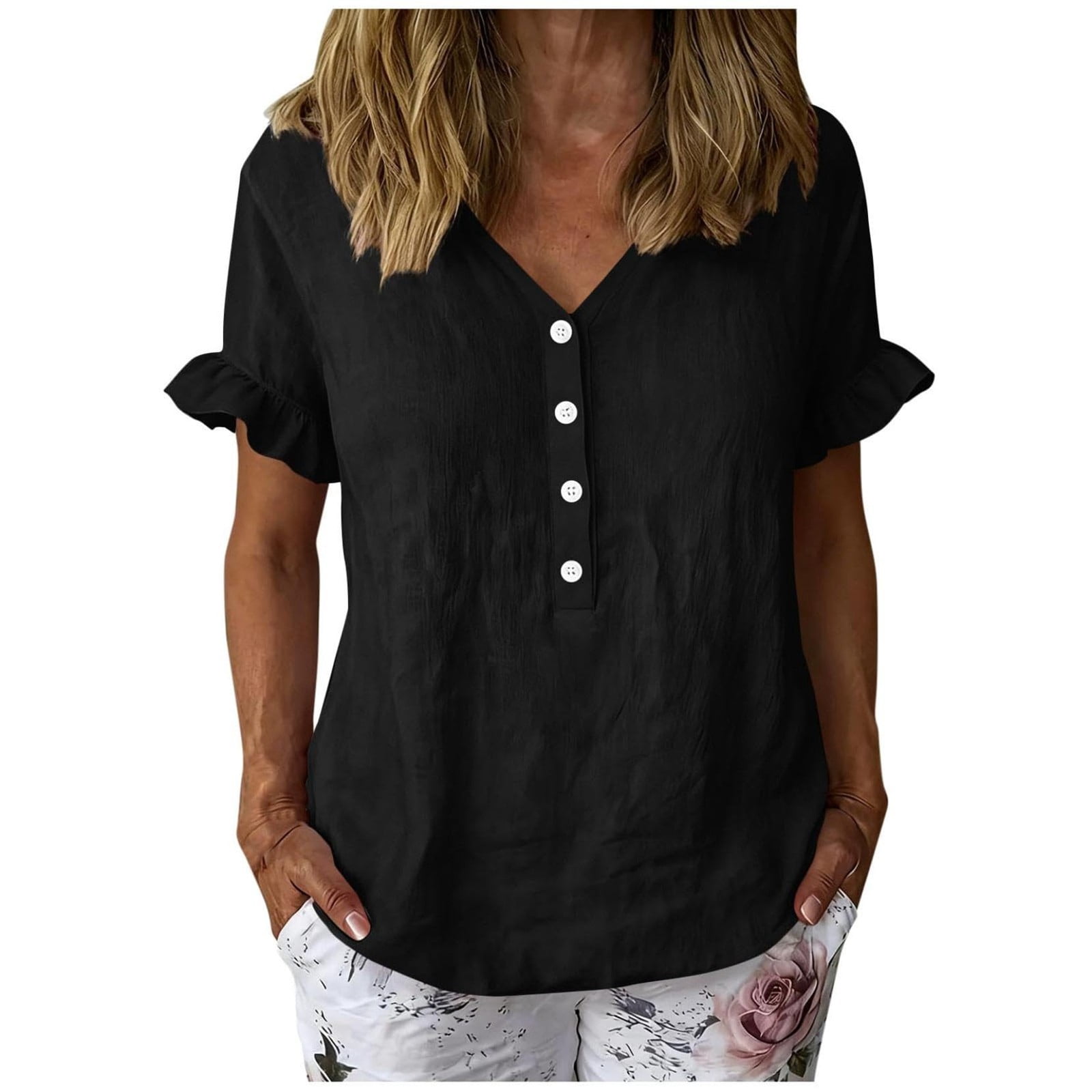 Bibifish Womens Blouse V Neck Short Sleeve it Henley Button Tops With ...