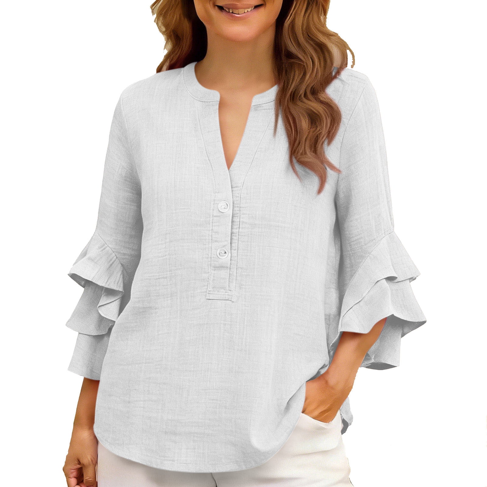 Bibifish Womens Blouse loose Henley Neck 3/4 Sleeve Linen Tops With ...