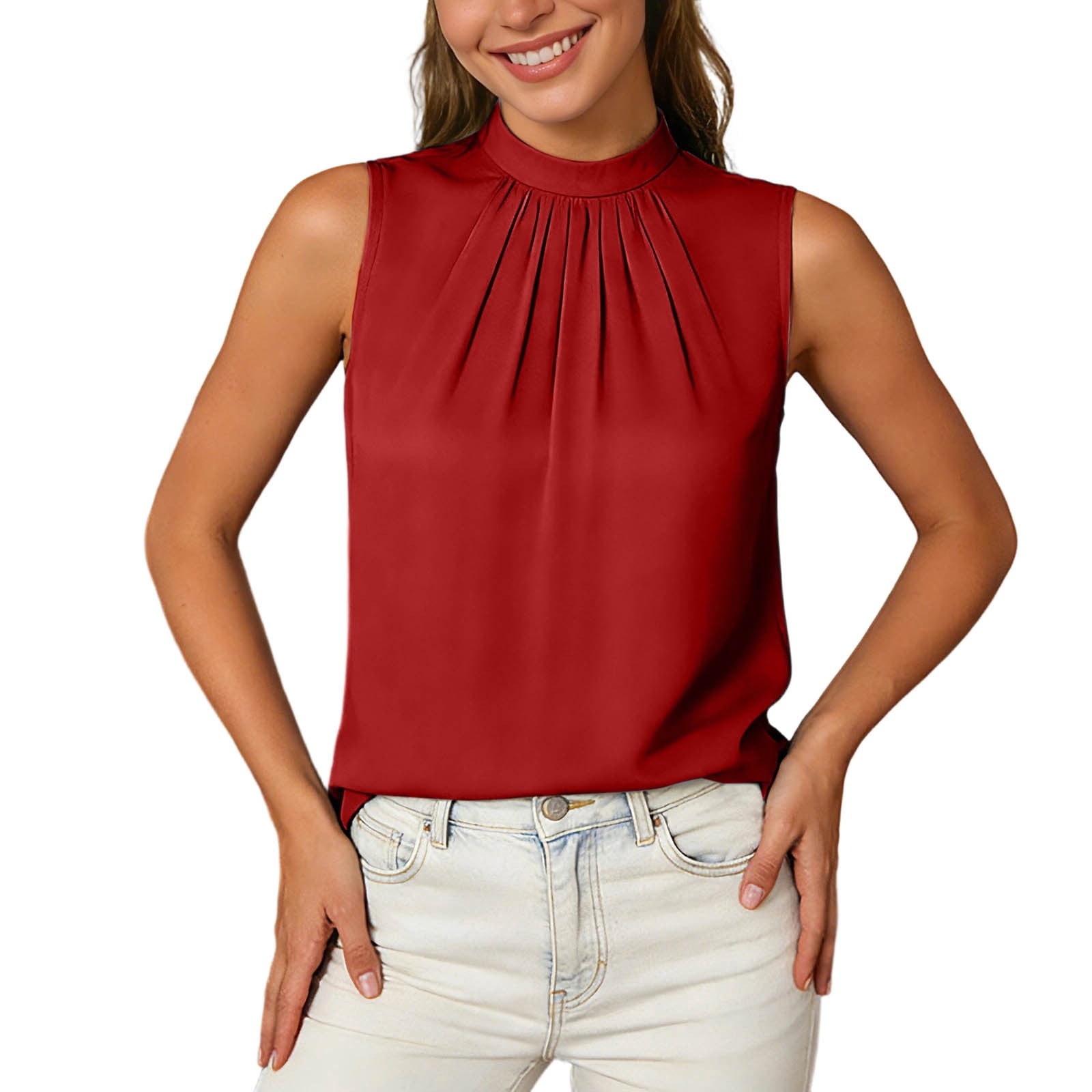 Bibifish Womens Blouses High Neck Sleeveless Pleated Summer Tops Office ...