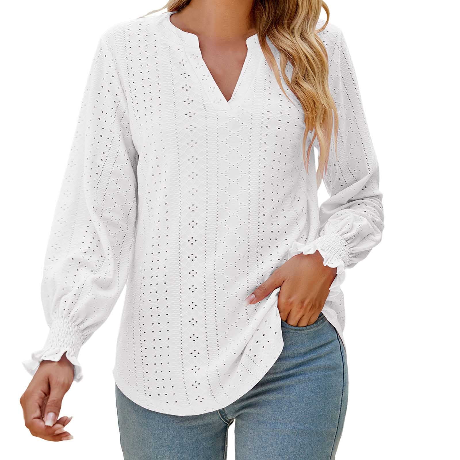 Bibifish Womens Blouses Notch Neck Long Sleeve Eyelet Embroidery Ruffle ...