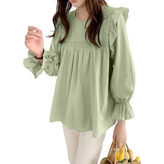 Bibifish Womens Blouses Round Neck Long Ruffle Sleeve Tops Smocked Lace ...