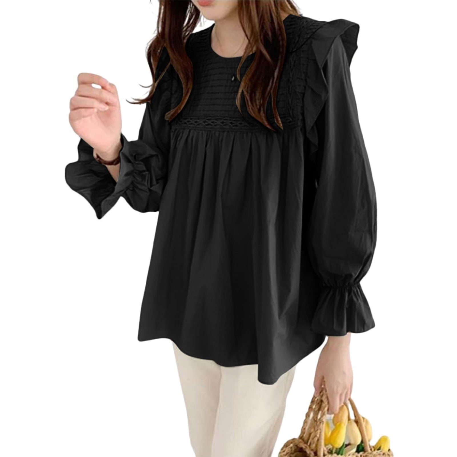 Bibifish Womens Blouses Round Neck Long Ruffle Sleeve Tops Smocked Lace ...
