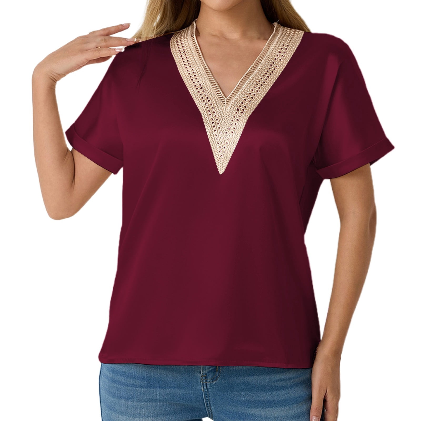 Bibifish Womens Blouses Smooth V Neck Short Sleeve Satin Tops Office ...