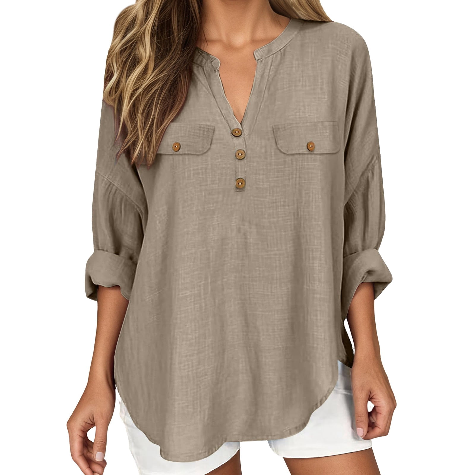 Bibifish Womens Blouses Solid Color Button V-Neck Long Sleeve Loose Fit ...