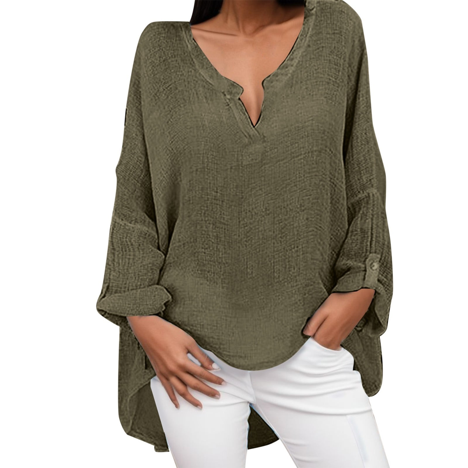 Bibifish Womens Blouses Solid Color Notch Neck Roll Tab Long Sleeve ...