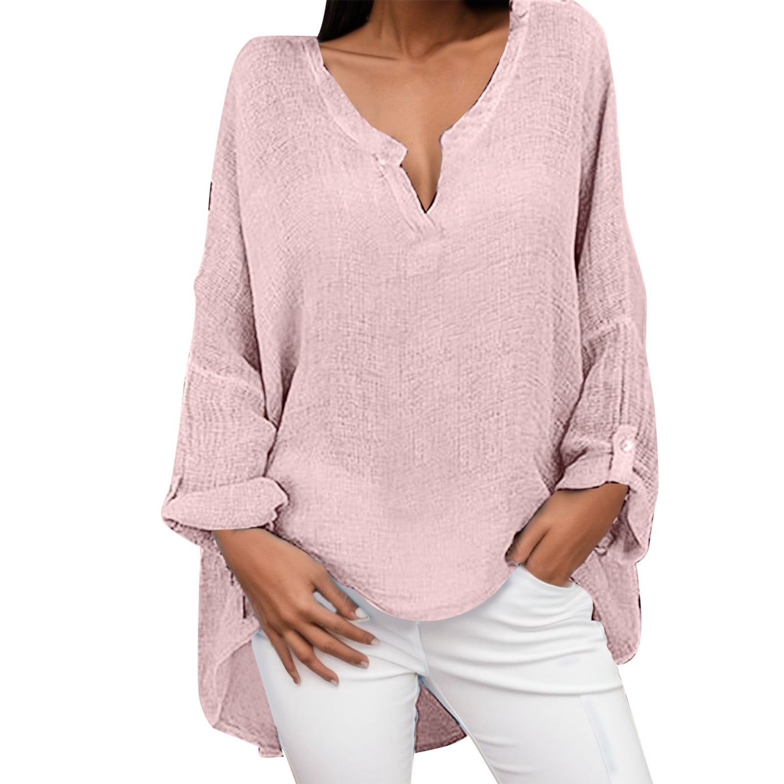 Bibifish Womens Blouses Solid Color Notch Neck Roll Tab Long Sleeve ...