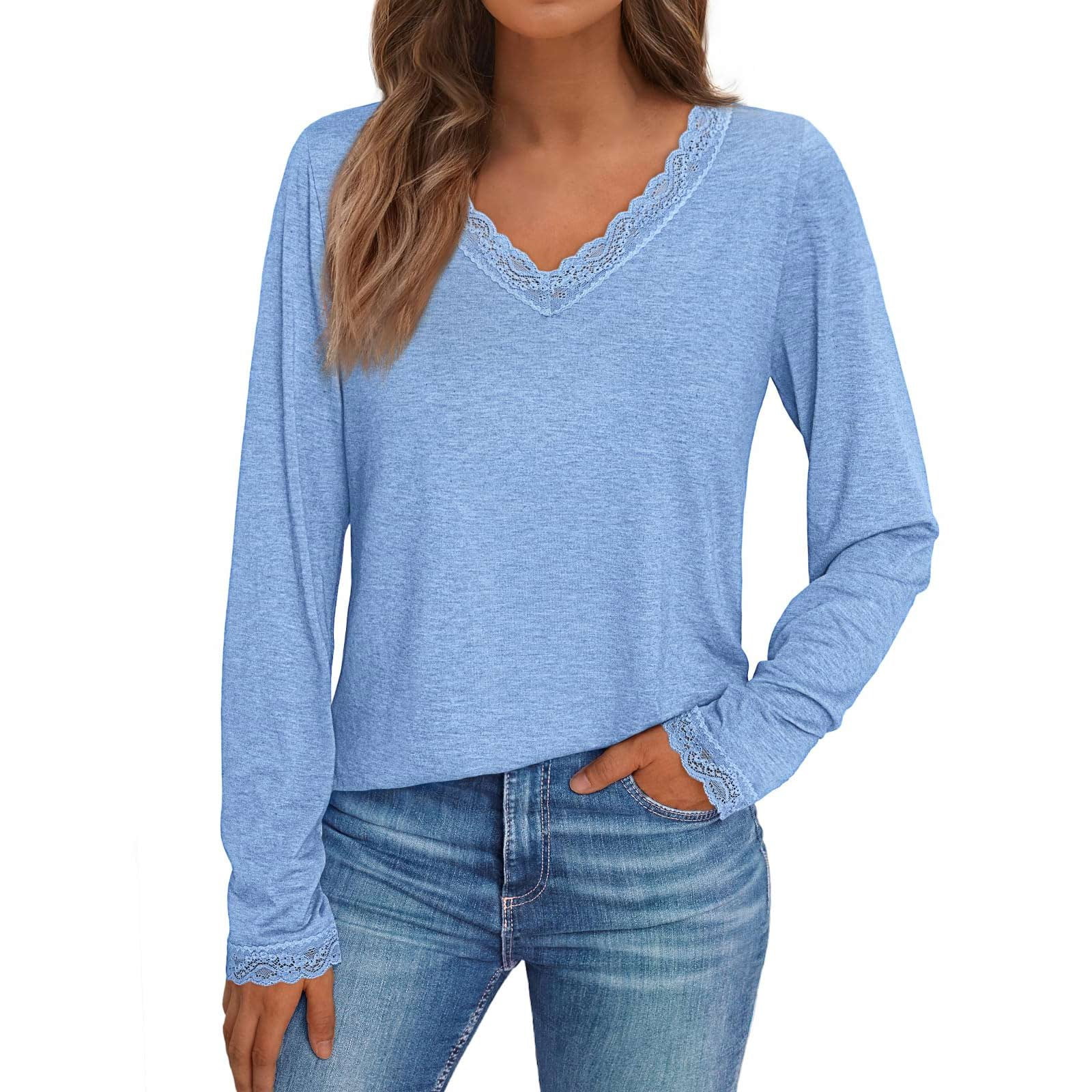 Bibifish Womens Blouses Stretchy Lace Trim V Neck Basic Long Sleeve ...