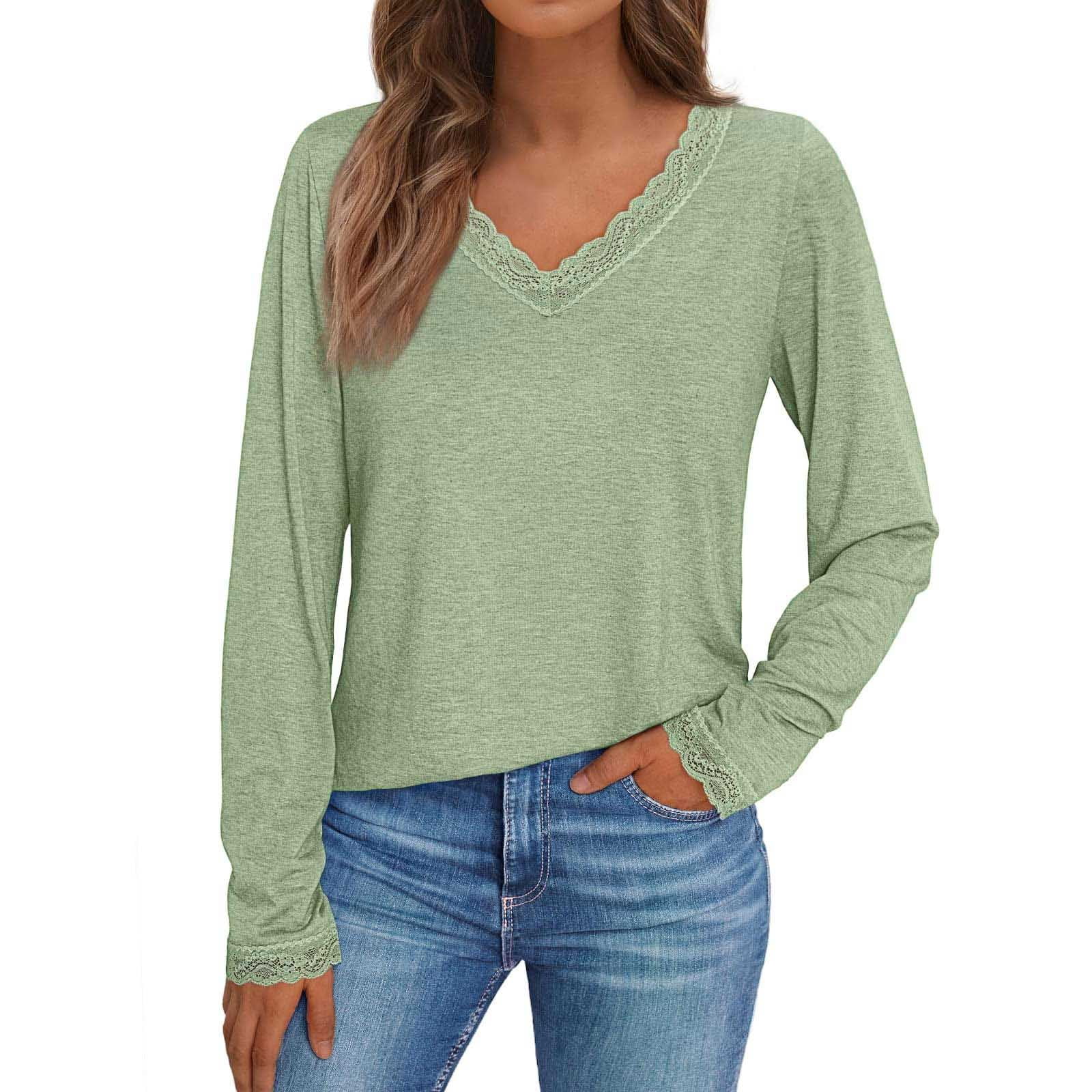 Bibifish Womens Blouses Stretchy Lace Trim V Neck Basic Long Sleeve ...