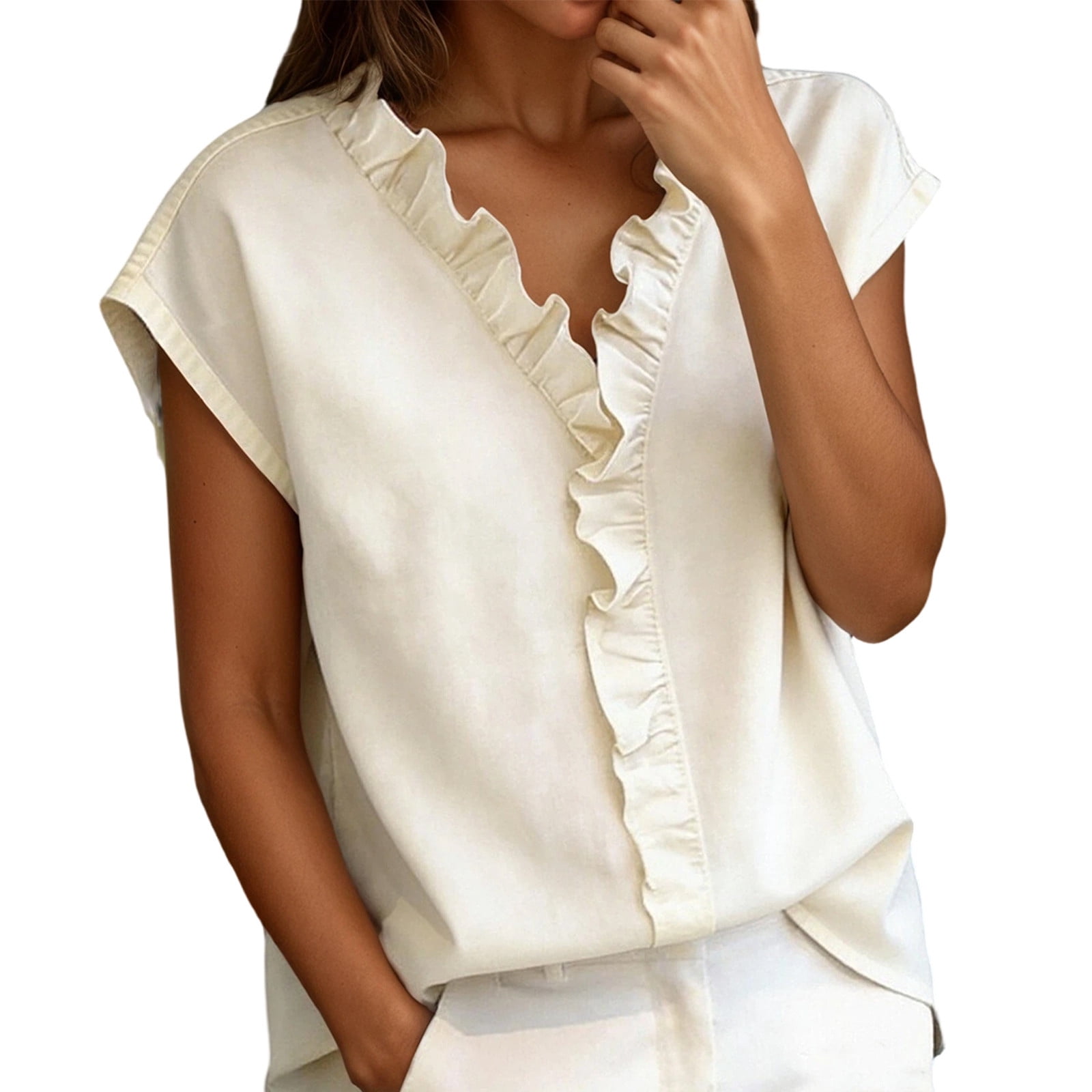 Bibifish Womens Button Down Casual Ruffled Trim Short Sleeved Patchwork ...