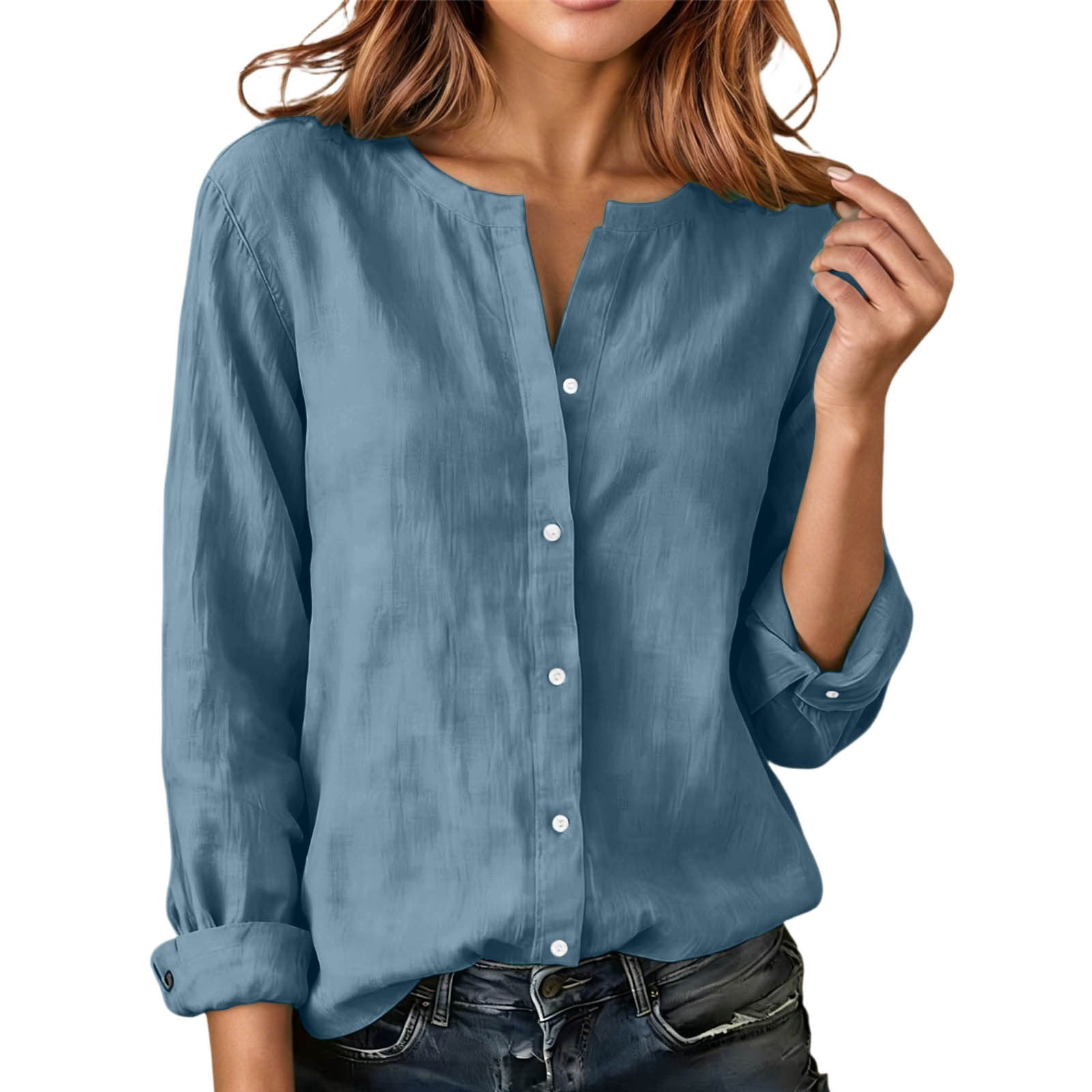 Bibifish Womens Button Down Shirts Relaxed Fit Crewneck Long Sleeve ...