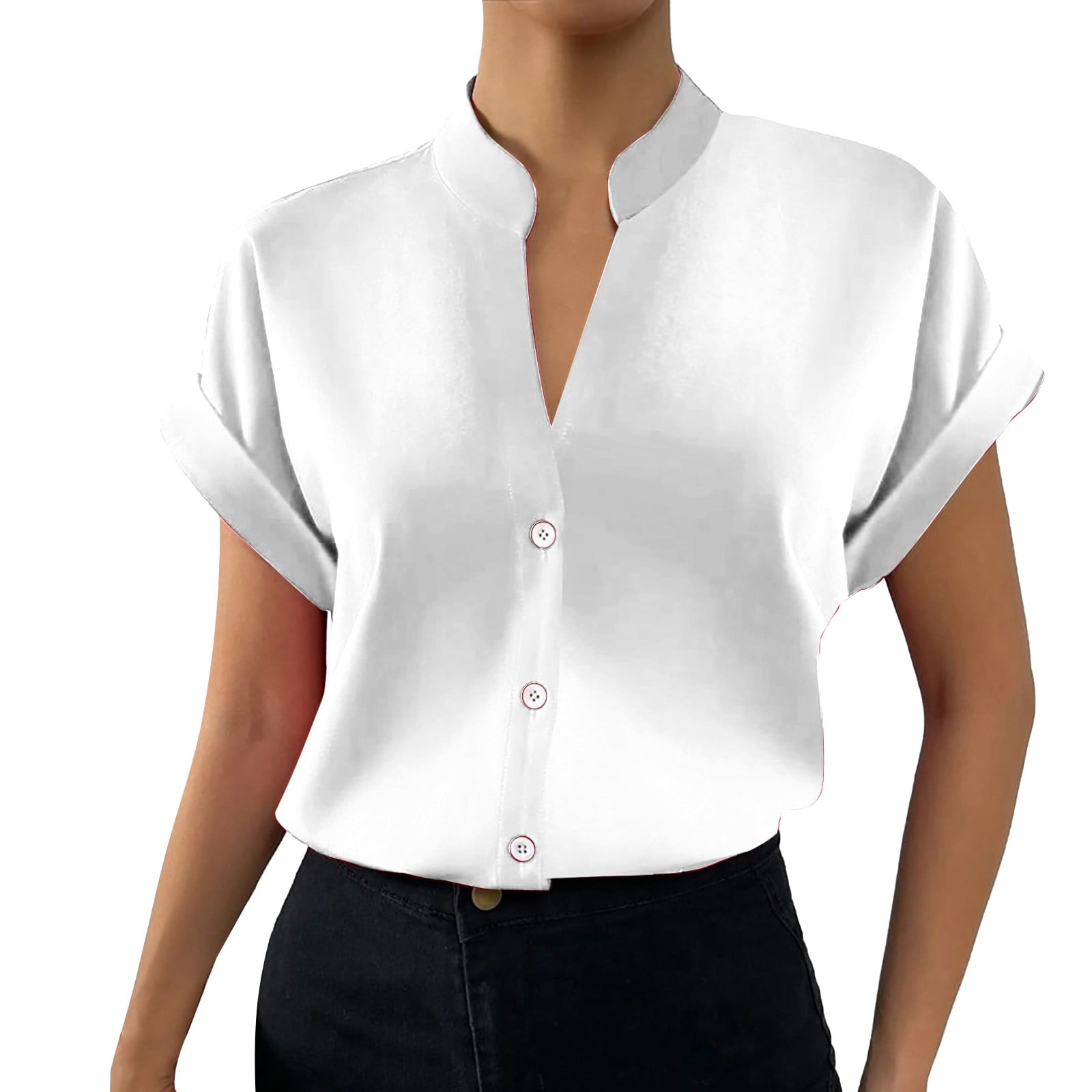 Bibifish Womens Button Down Shirts Simple V Neck Stand Collared Solid ...