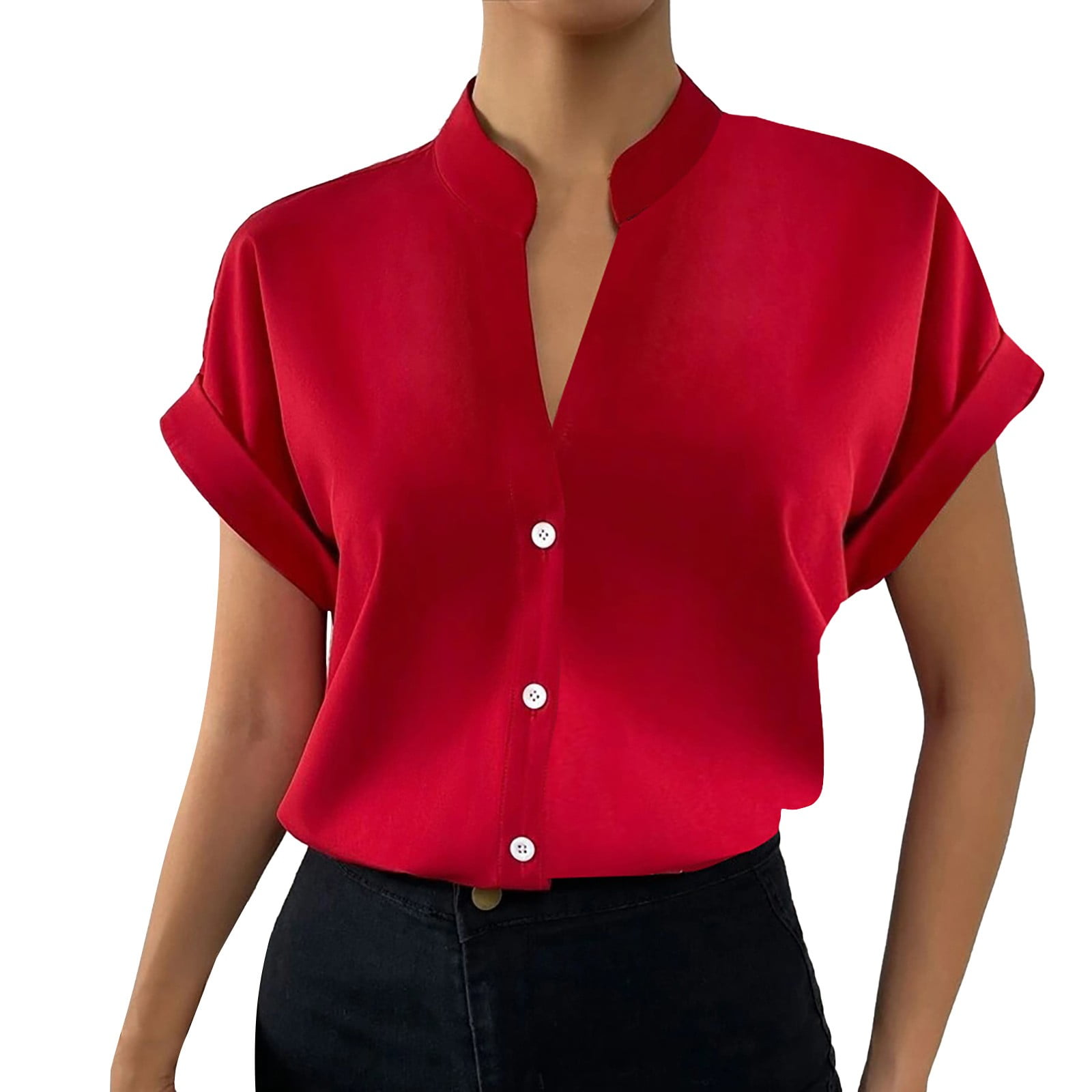 Bibifish Womens Button Down Shirts Simple V Neck Stand Collared Solid ...