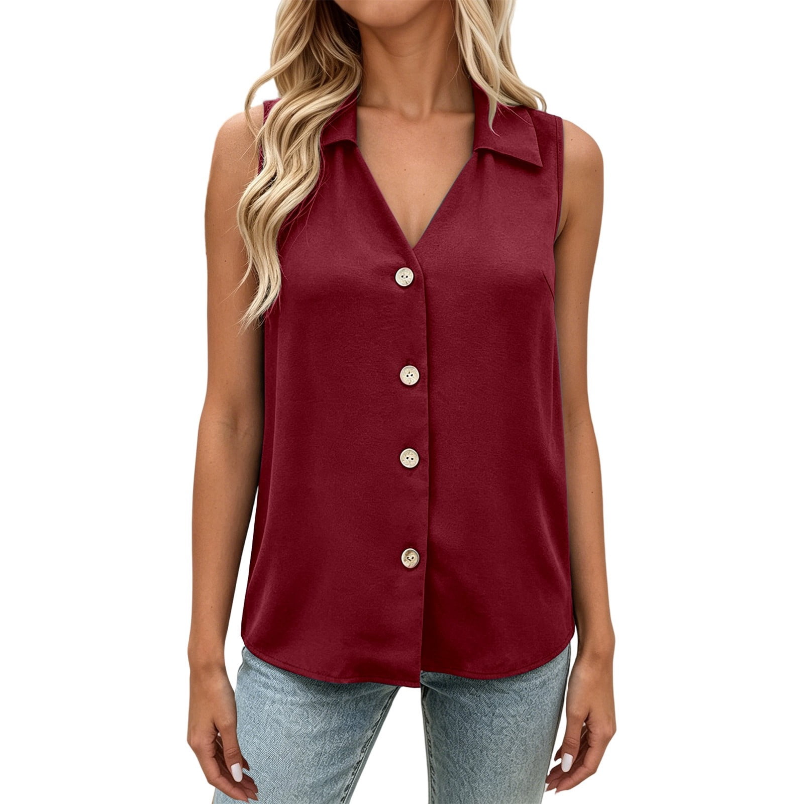 Bibifish Womens Button Down Shirts Sleeveless Collared Blouse Casual ...