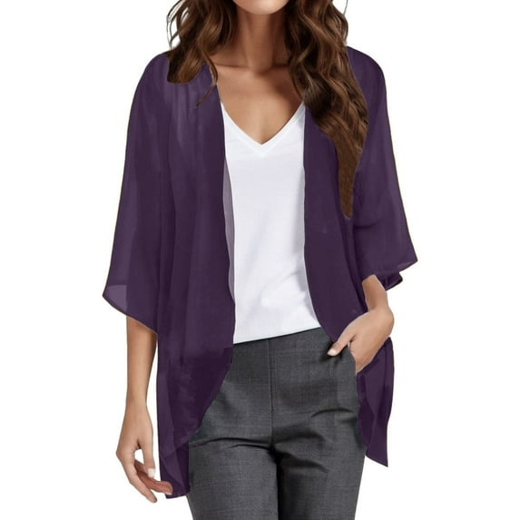 Bibifish Womens Cardigan Solid Color Chiffon Tops Elegant 3/4 Puff ...