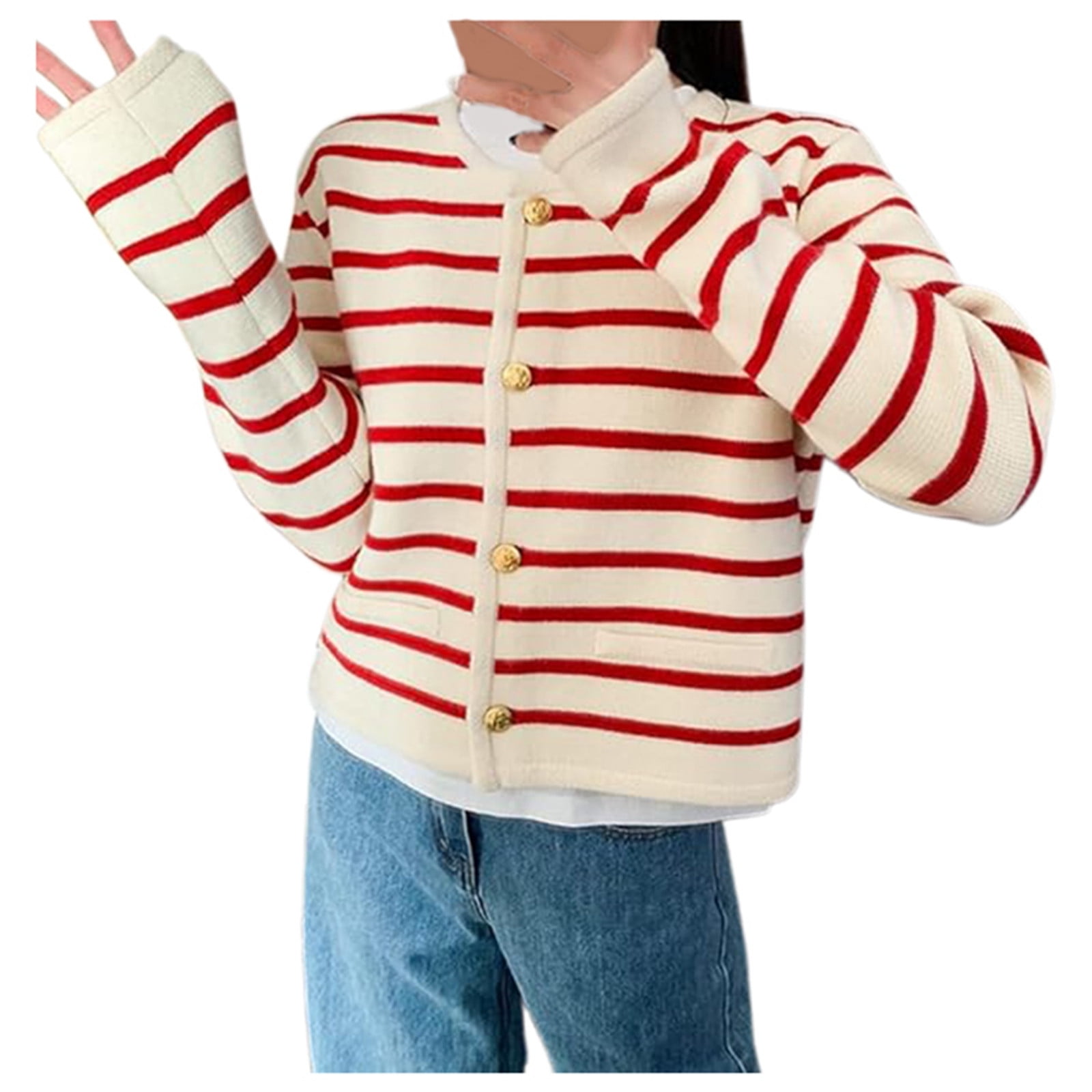 Bibifish Womens Cardigan Sweater Cream Red Stripe Gold Button Front ...
