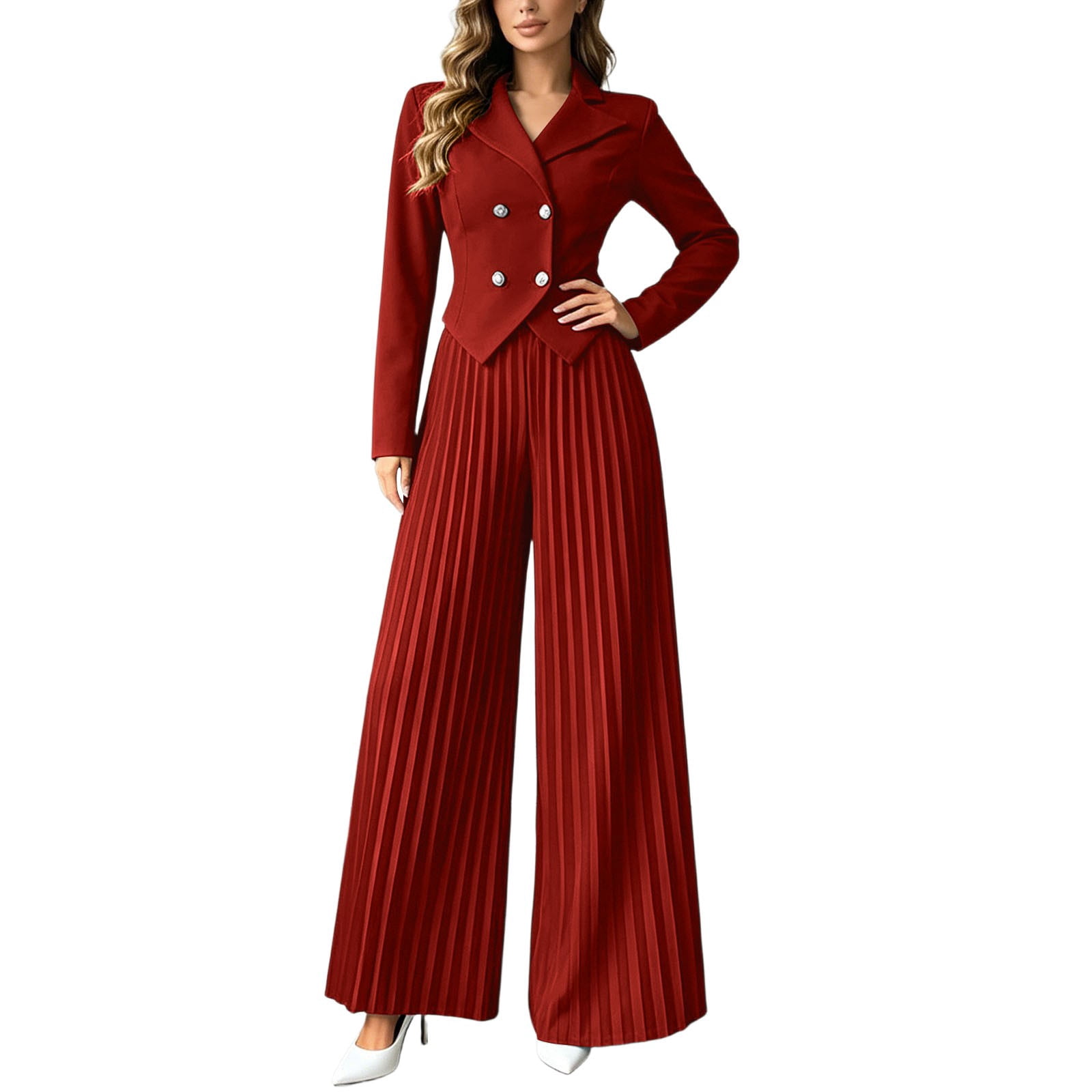 Bibifish Womens Casual Sets Long Sleeve Double Button Blazers Pleated ...