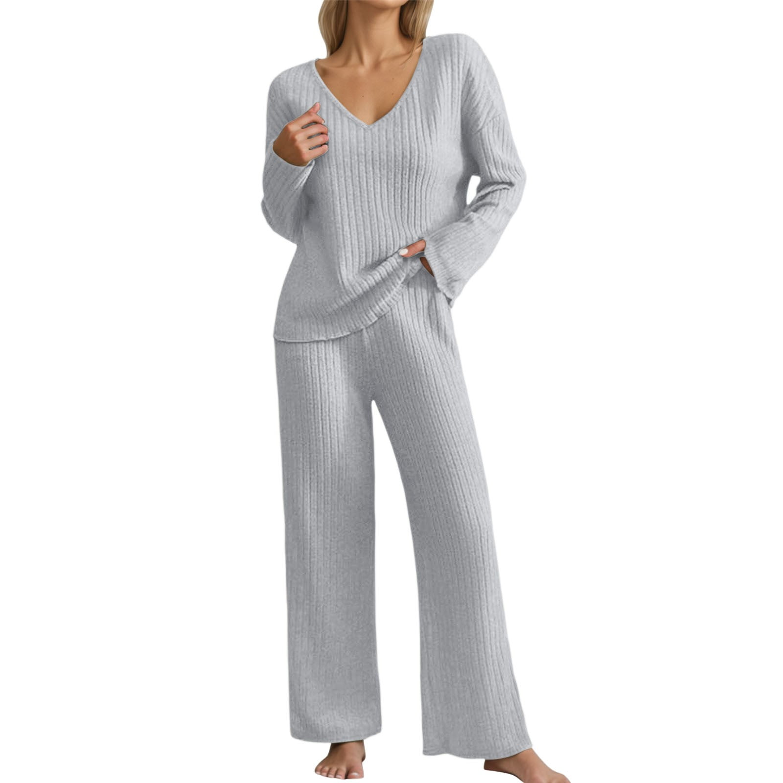 Bibifish Womens Casual Sets V Neck Long Sleeve Ribbed Knit Tops Flare ...