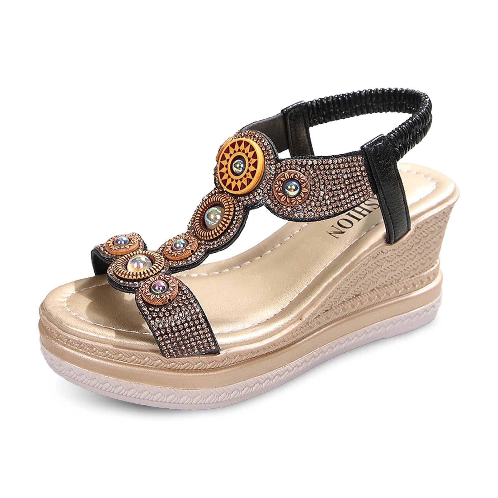 Bibifish Womens Espadrille Wedge Boho Airy Laid-Back Open Toe Elastic ...