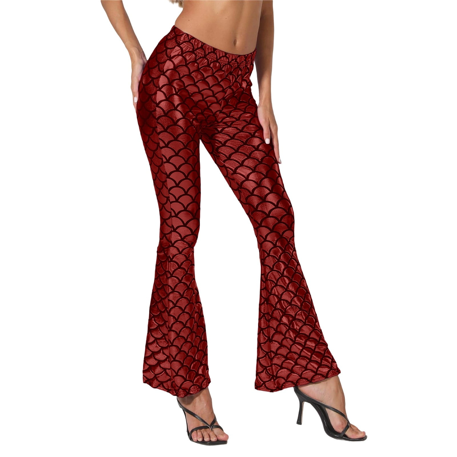 Bibifish Womens Flared Pants Fish Scale Print High Waist Shiny Texture ...