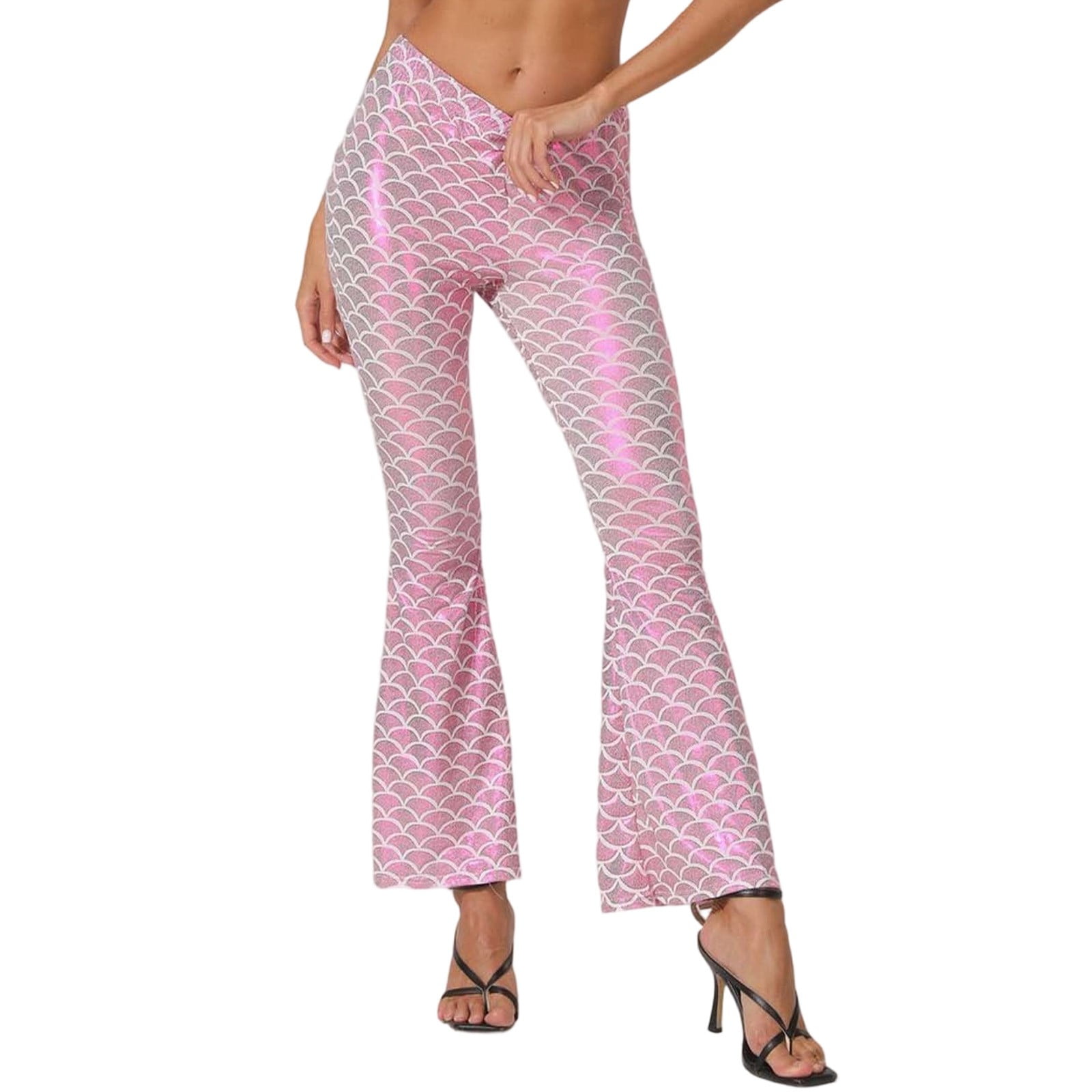Bibifish Womens Flared Pants Fish Scale Print High Waist Shiny Texture ...