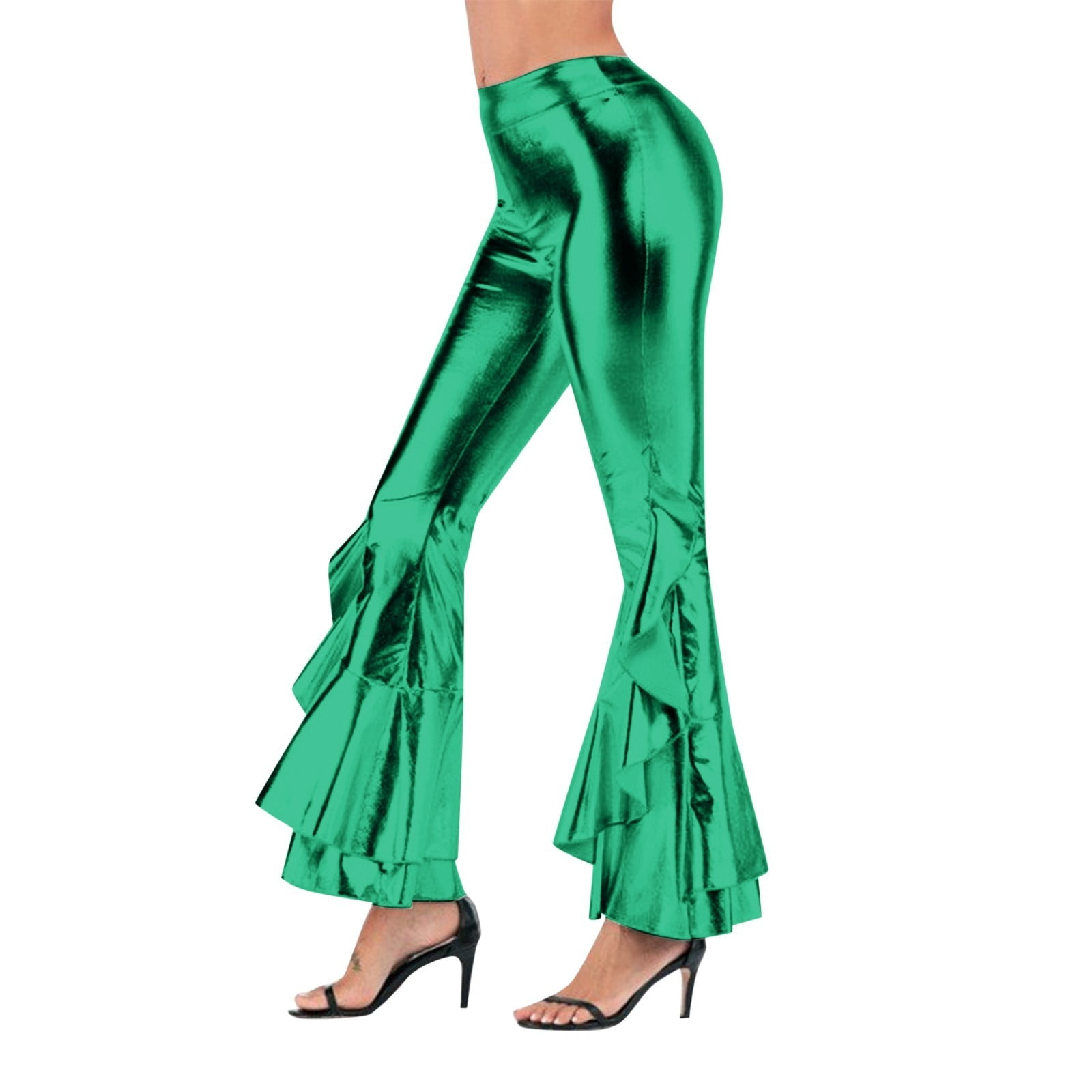 Bibifish Womens Flared Pants Ruffled Hem High Waist Silky Texture Wide ...