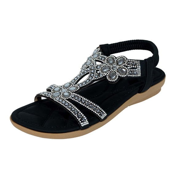 Bibifish Womens Flat Sandals Rhinestone T Strap Elastic Slingback ...