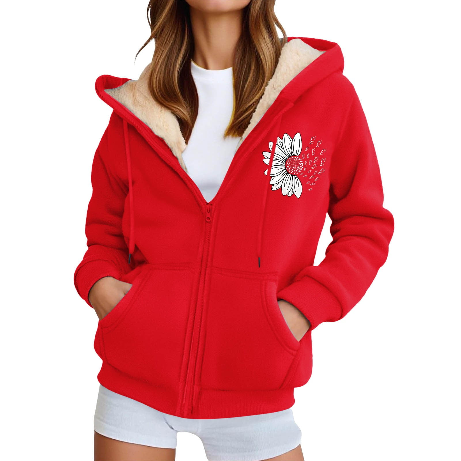 Bibifish Womens -Lined Full Zip Hoodies With Daisy & Heart Pattern ...