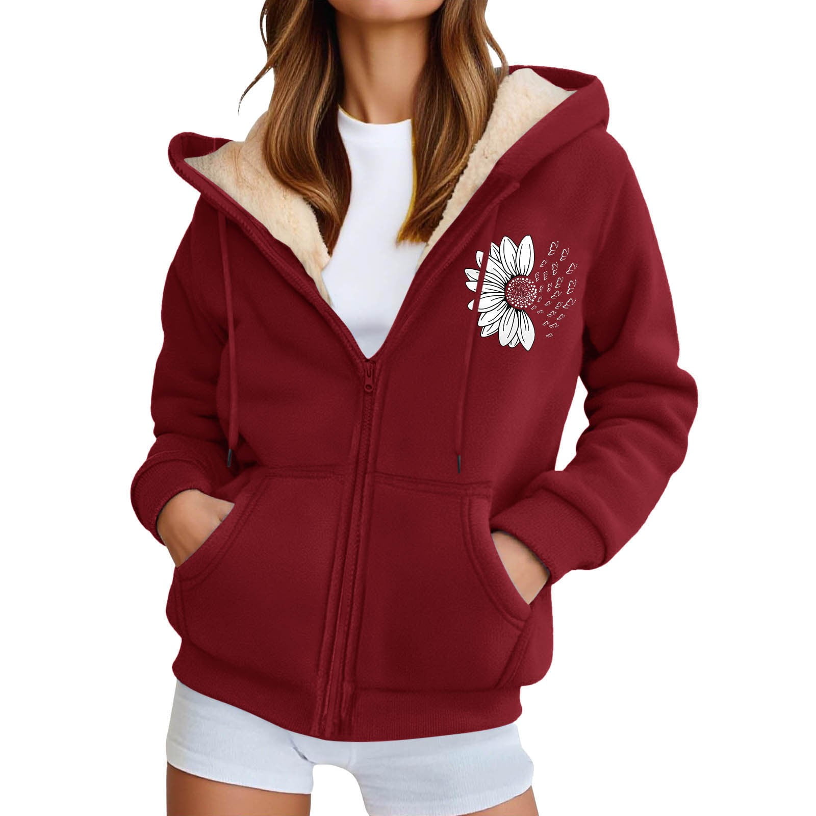 Bibifish Womens -Lined Full Zip Hoodies With Daisy & Heart Pattern ...