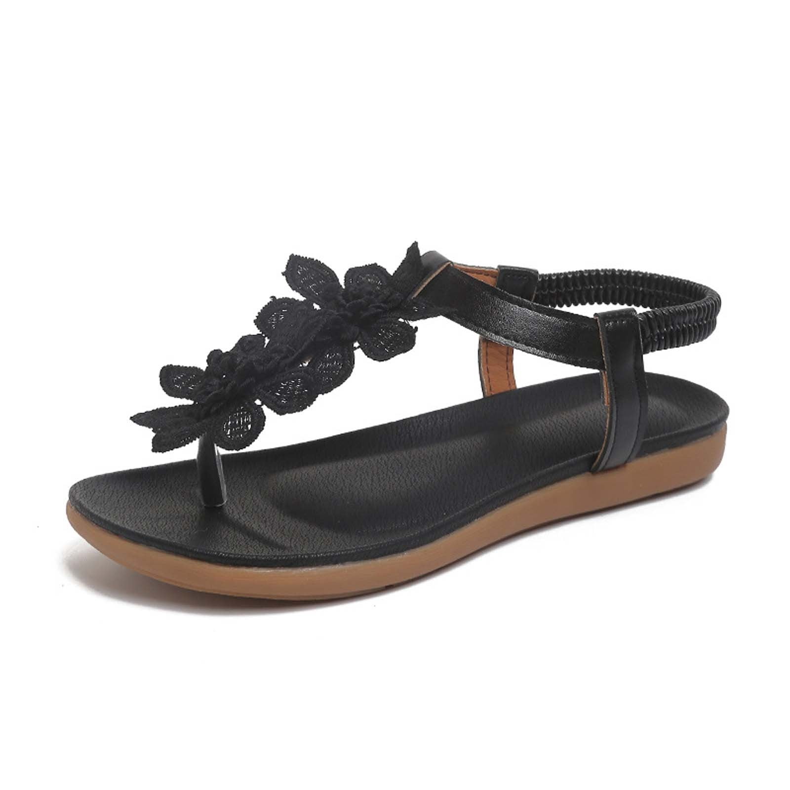 Bibifish Womens Flip Flops Bohemian Floral Lace Toe Loop Elastic Ankle ...
