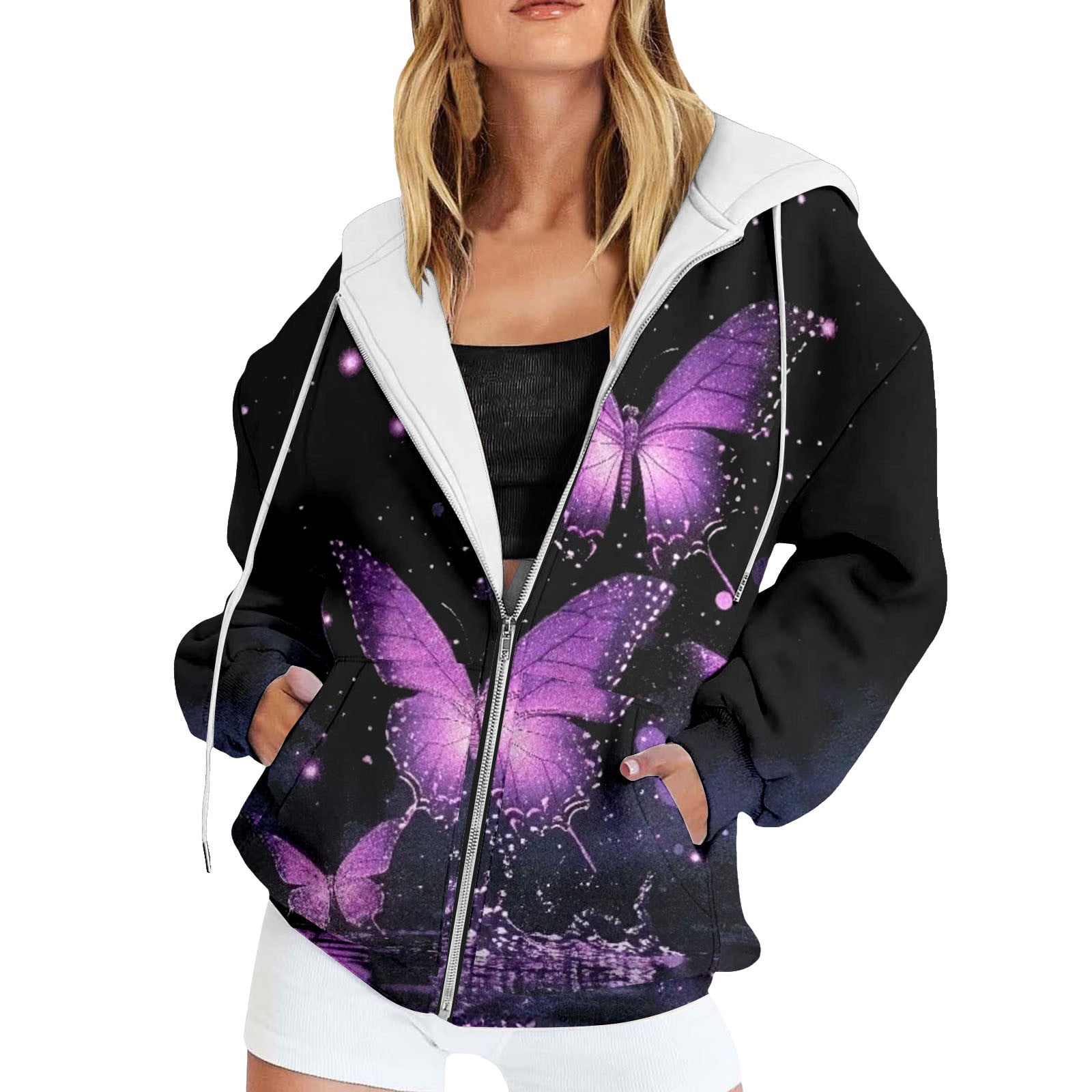 Bibifish Womens Full Zip Hoodies Purple Butterfly Printed Long Sleeve ...