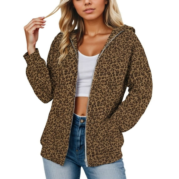 Bibifish Womens Full Zip Up Long Sleeve Hooded Jacket With Leopard ...